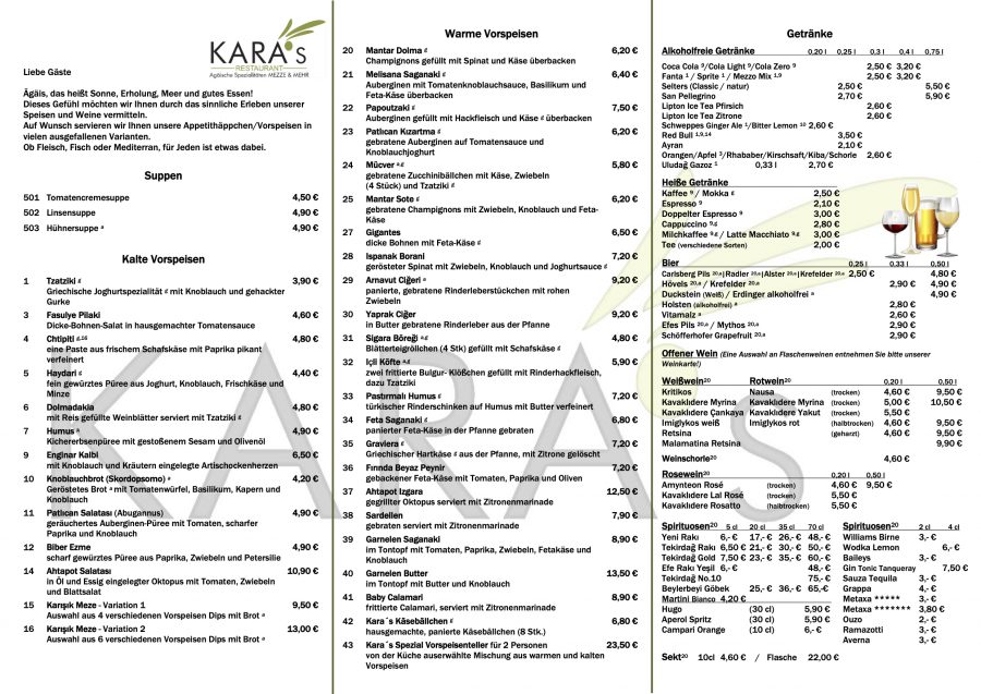 Speisekarte – Restaurant KARA's